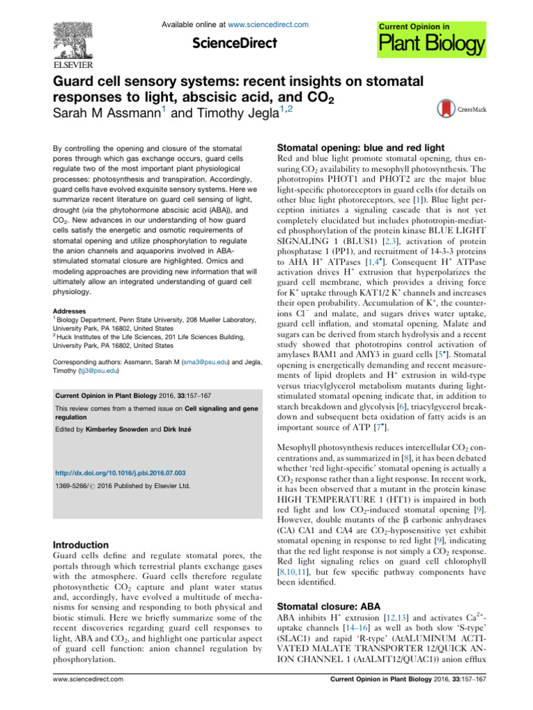 Guard Cell Sensory Systems Recent Insights On Stomatal Responses To Light, Abscisic Acid, and ...