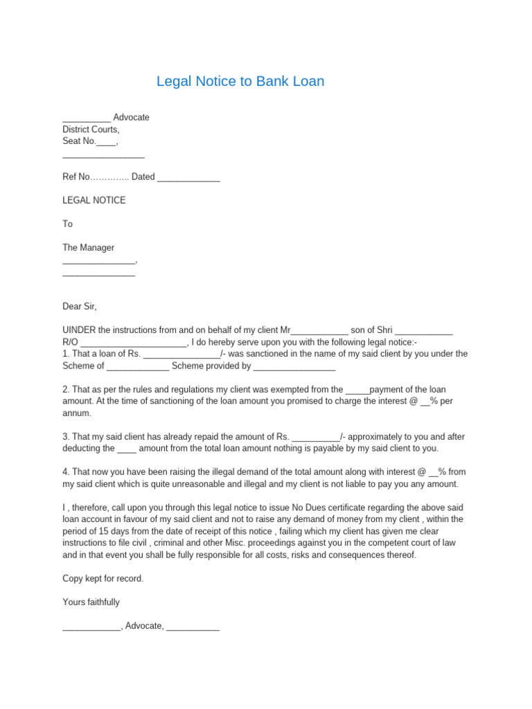 Legal Notice To Bank Loan | PDF | Business | Law
