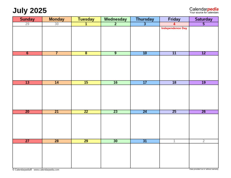July 2025 Calendar Landscape | PDF