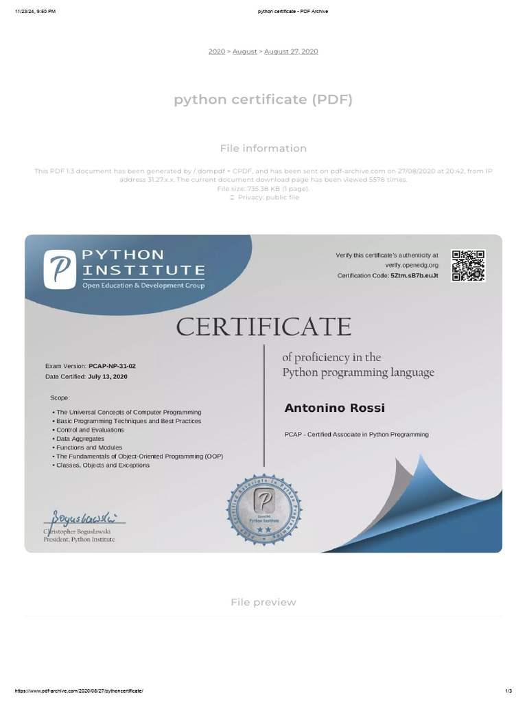 Python Certificate PDF Download | PDF | Computing | Cyberspace