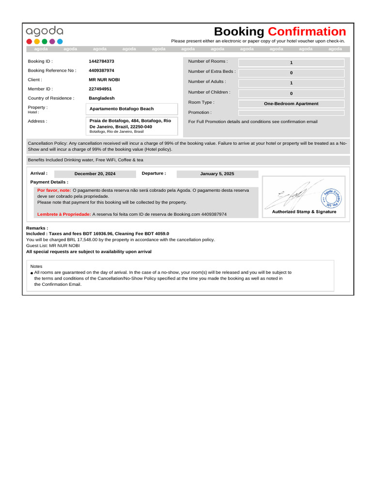 Confirmation For Booking ID # 1442784373 | PDF