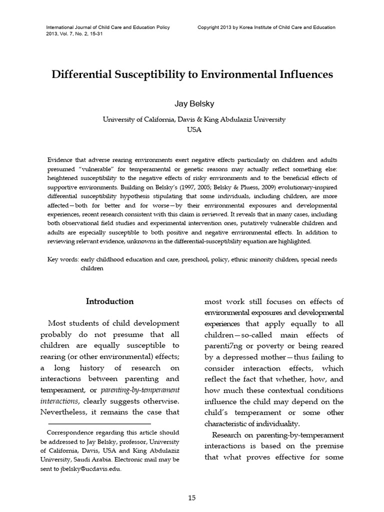 Differential Susceptibility To Environmental Influences: Jay Belsky ...