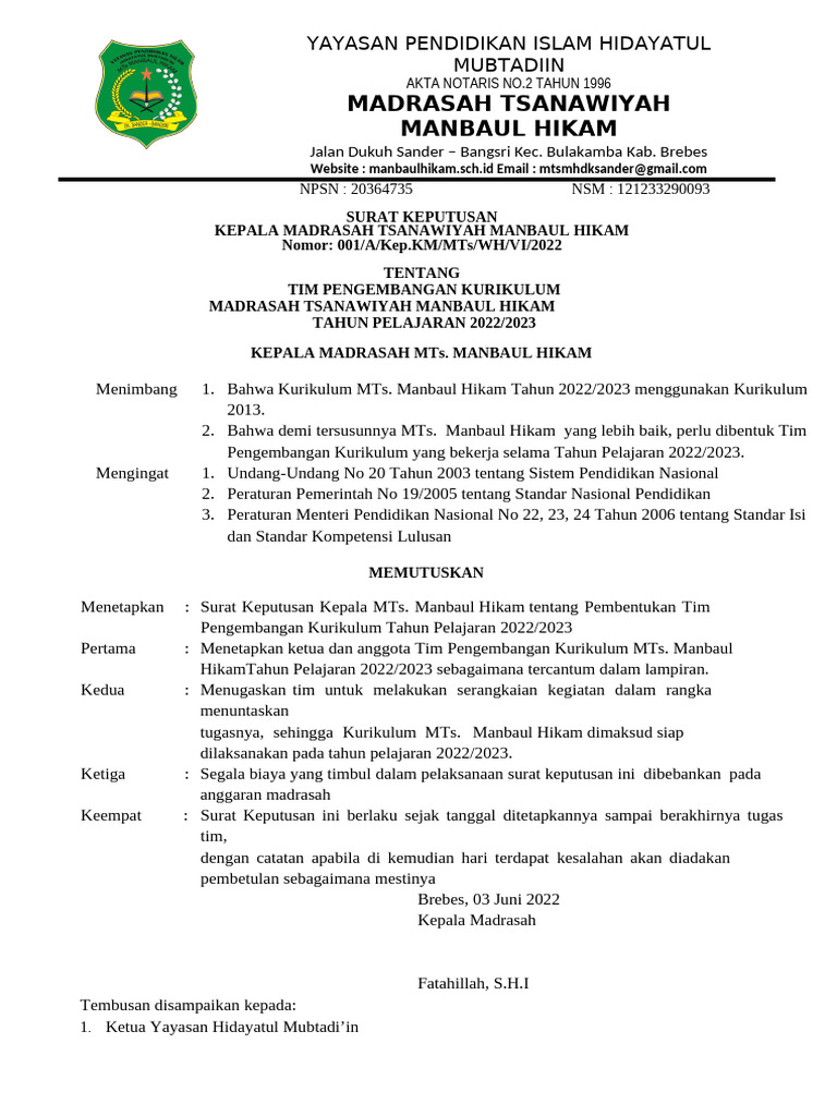 SK Tim Pengembang Kurikulum MTs Manbaul Hikam 2022 | PDF