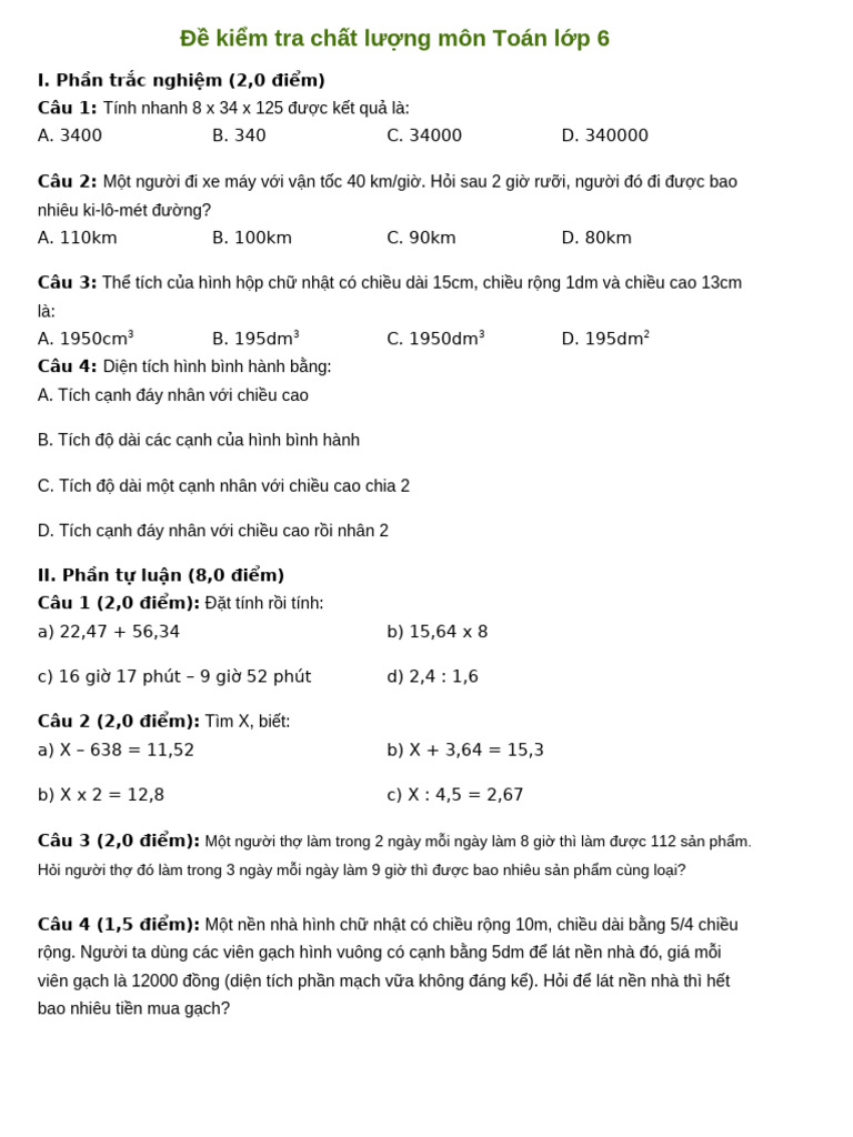 bài ktra đầu vào lớp 6 | PDF