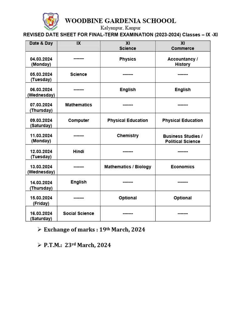 Revised Date Sheet of Final Term Examination 2023-24 IX and XI | PDF