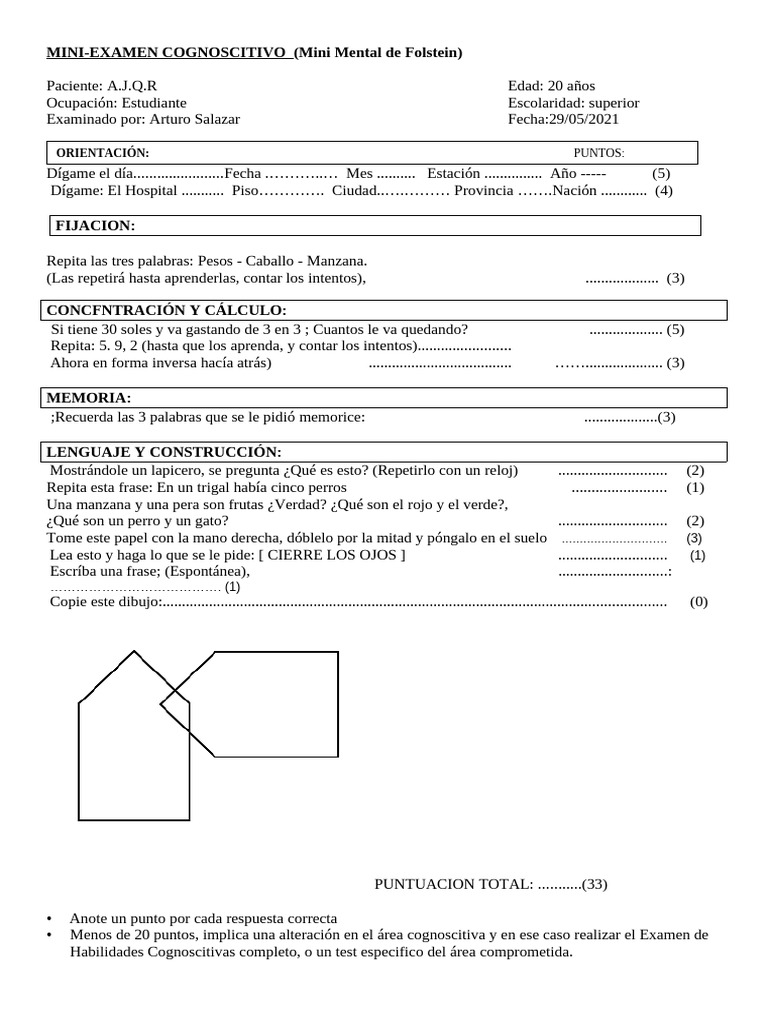 Mini Examen Cognoscitivo: Evaluación Mental | PDF | Cognición | Ciencia ...