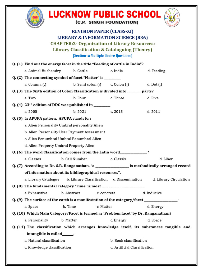 XI - Lib - Sc. - Ch-2 Revision Paper | PDF | Library Science