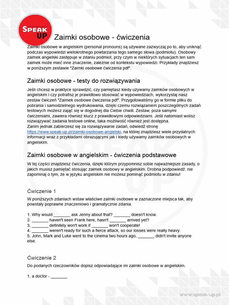 Cwiczenia Zaimki Osobowe | PDF