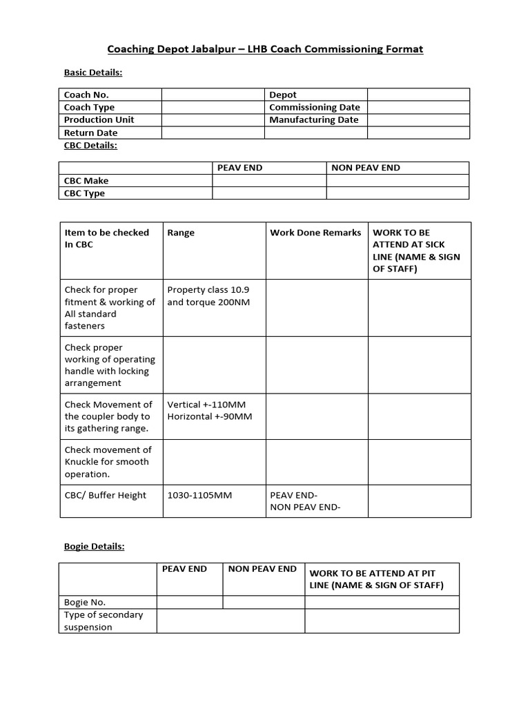 LHB Coach Commissioning Format | PDF | Screw | Axle