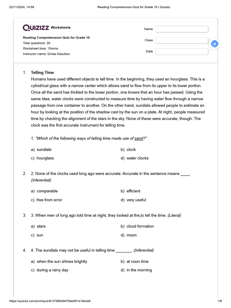 Reading Comprehension Quiz For Grade 10 - Quizizz | PDF | Rhinology