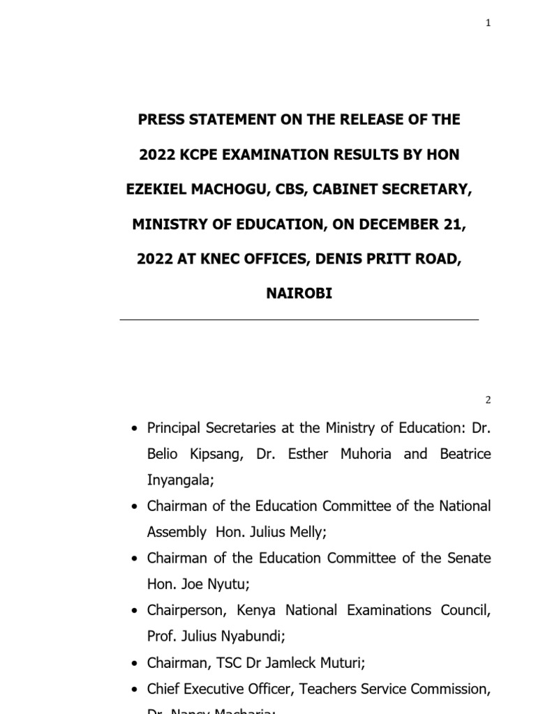 Cs Machogu Speech Kcpe-2022 Results Release-Final | PDF | Schools | Curriculum