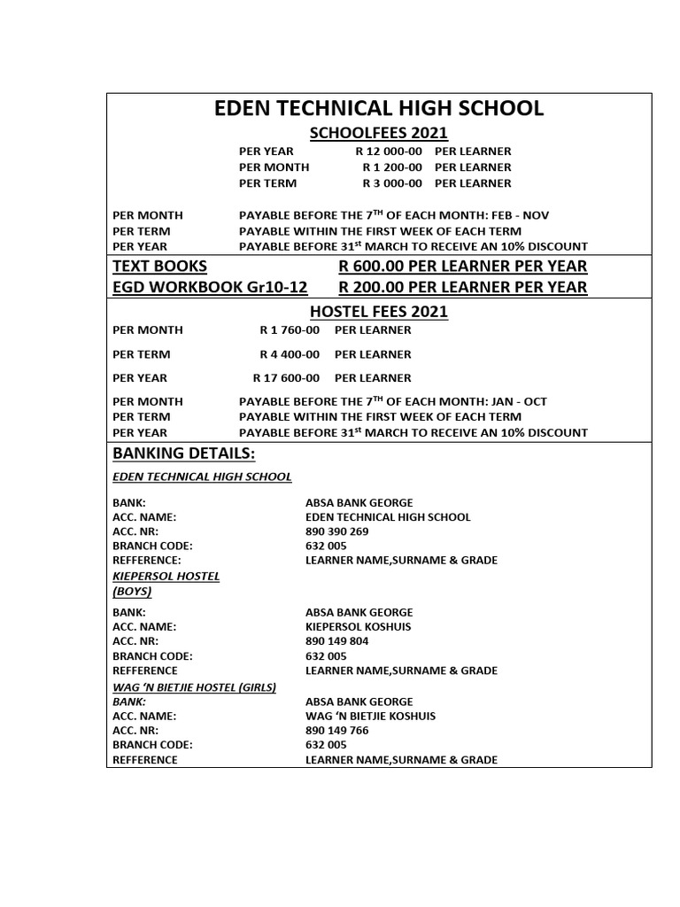 Hts Eden Ths 2021 Fees | PDF