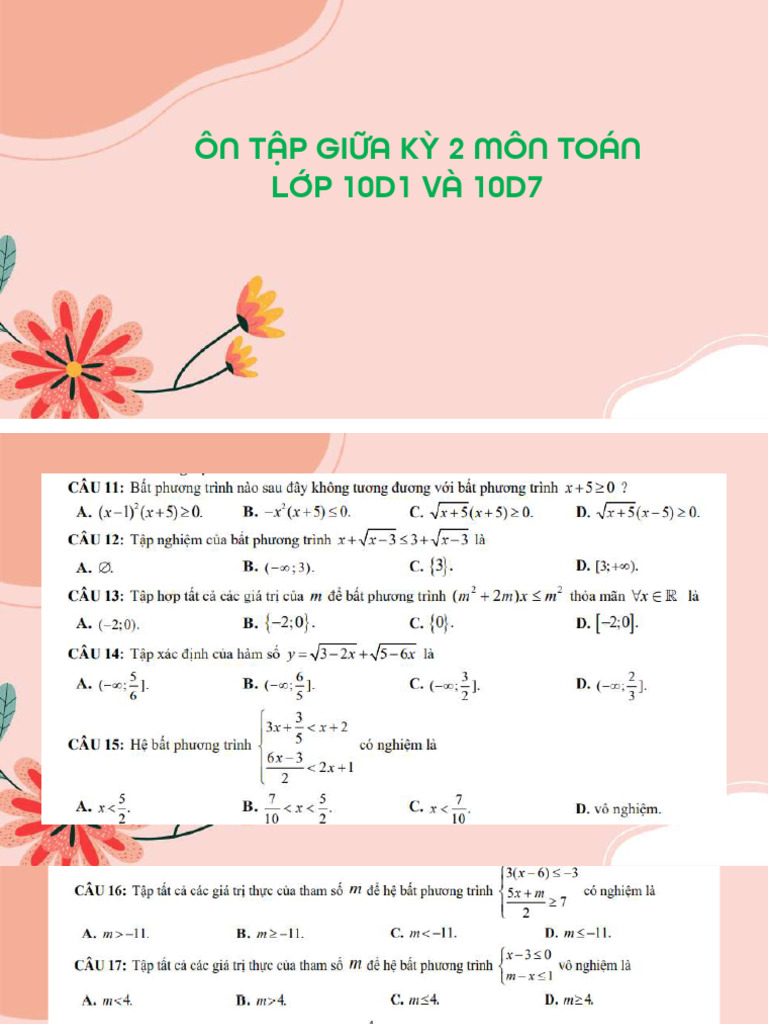 ÔN TẬP GIỮA KỲ 2 MÔN TOÁN LỚP 10D1 VÀ 10D7 | PDF
