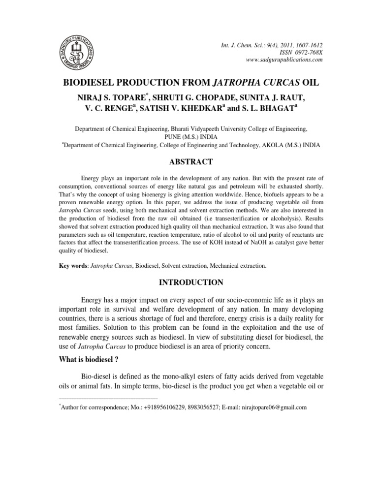 Biodiesel Production From Jatropha Curca | PDF | Biodiesel | Diesel Fuel
