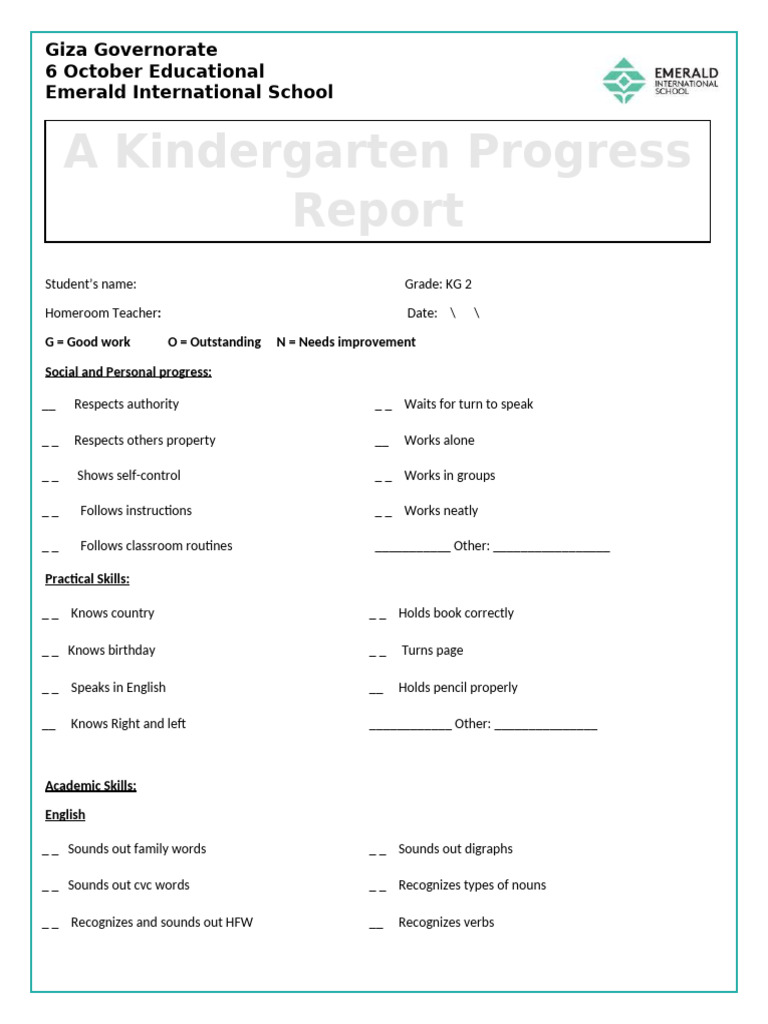 Kindergarten Progress Report Template | PDF | Language Arts & Discipline
