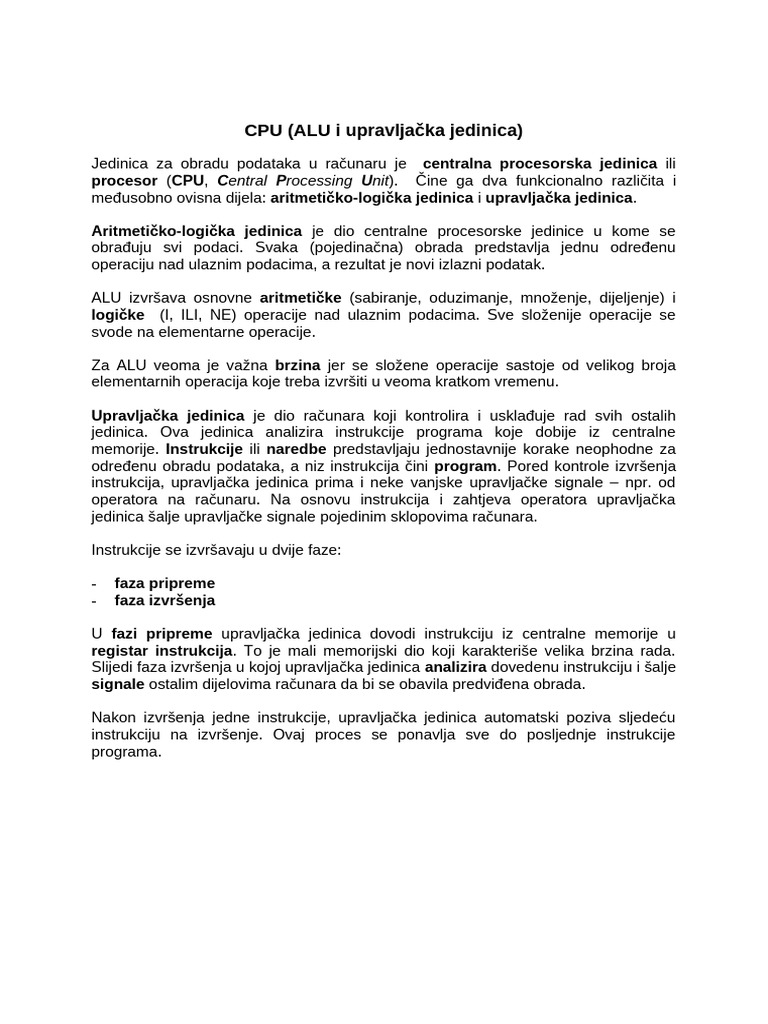 CPU (ALU I Upravljačka Jedinica) : Entral Rocessing Nit | PDF