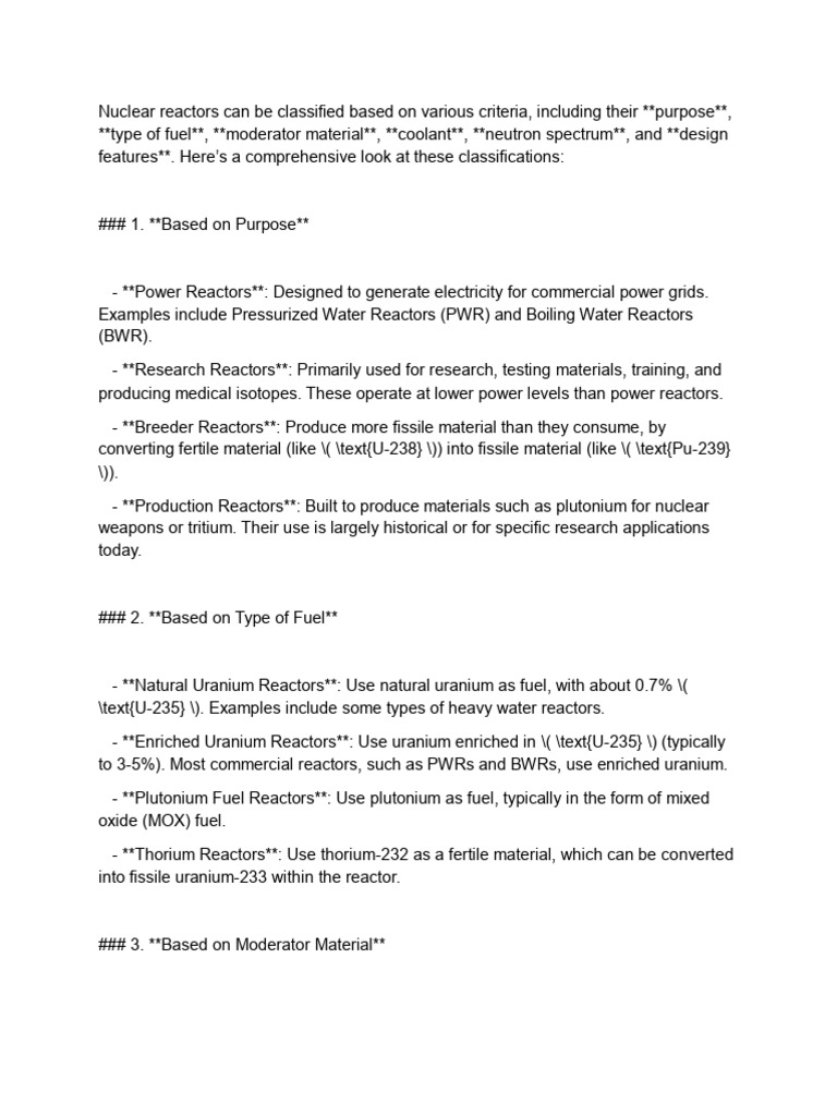 Classification of Nuclear Reactor | PDF | Nuclear Reactor | Nuclear Fuel