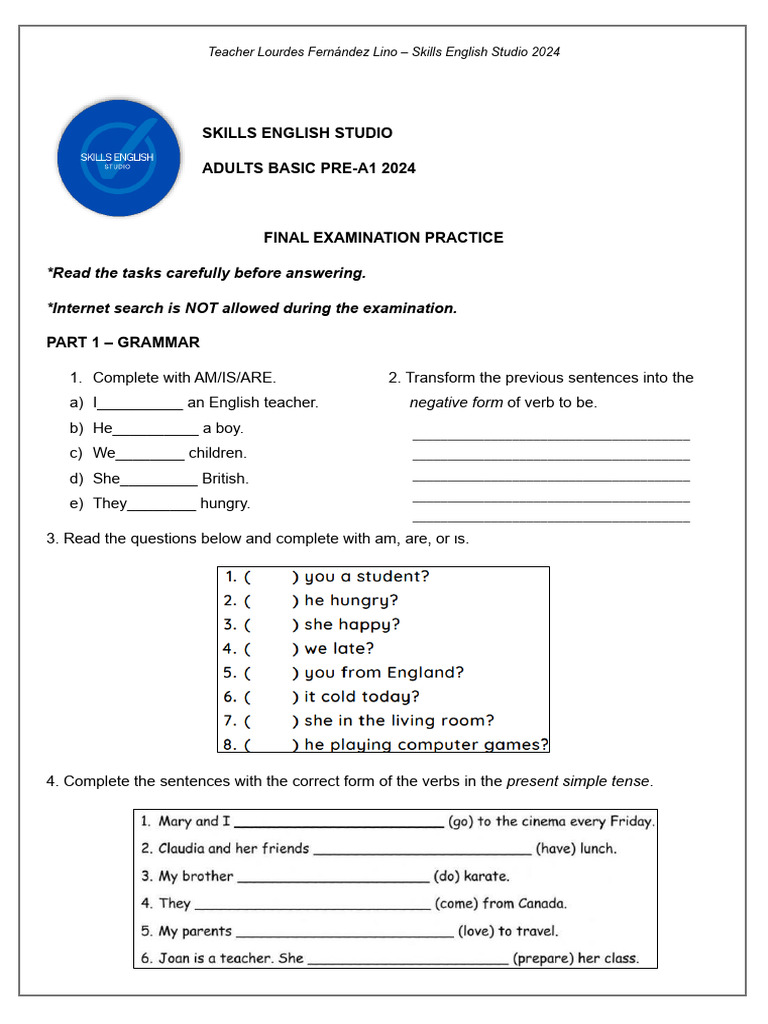 Final Examination Practice | PDF | English Language | Verb