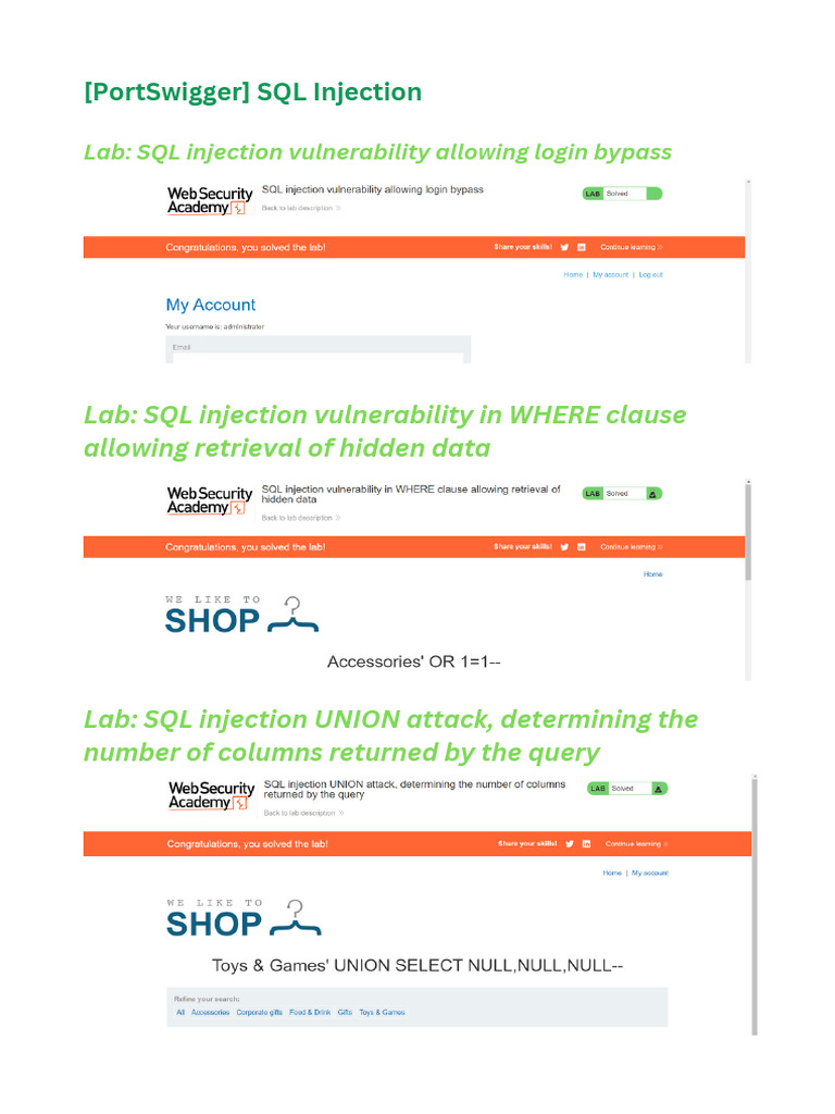 SQL Injection Labs: Login & Data Retrieval | PDF