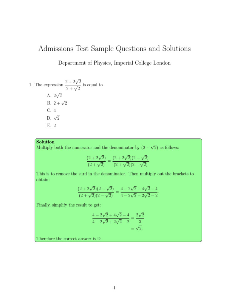 Admission Test Sample Questions With Solutions | PDF | Force | Mechanics
