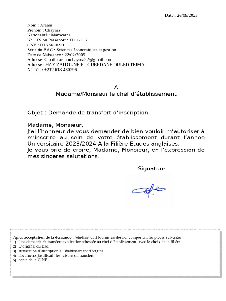 Demande de transfert d'inscription universitaire | PDF