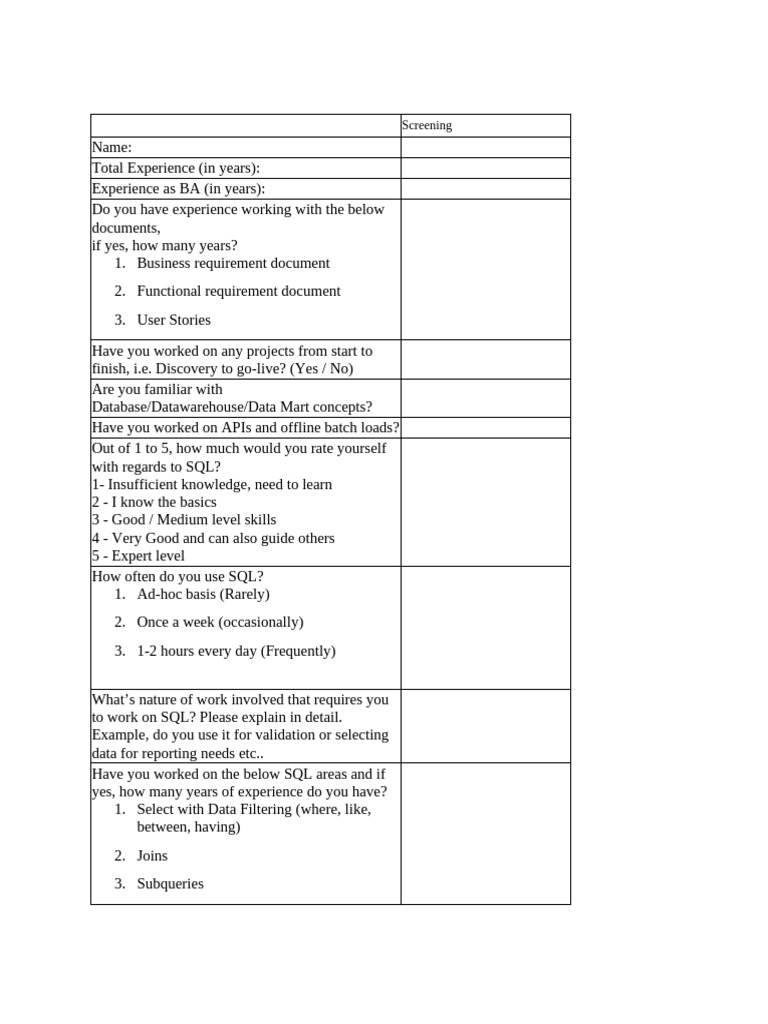 Screening Questionnaire-BSA Updated | PDF | Business | Computers