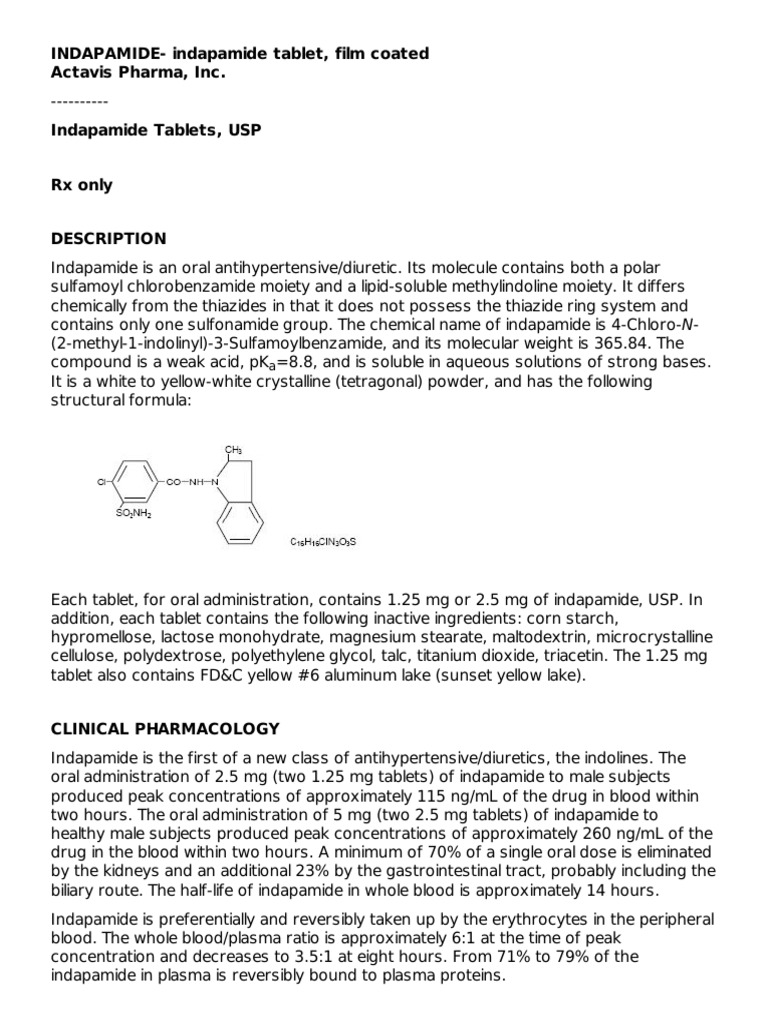 INDAPAMIDE-indapamide Tablet, Film Coated Actavis Pharma, Inc | PDF | Hypertension | Dose ...
