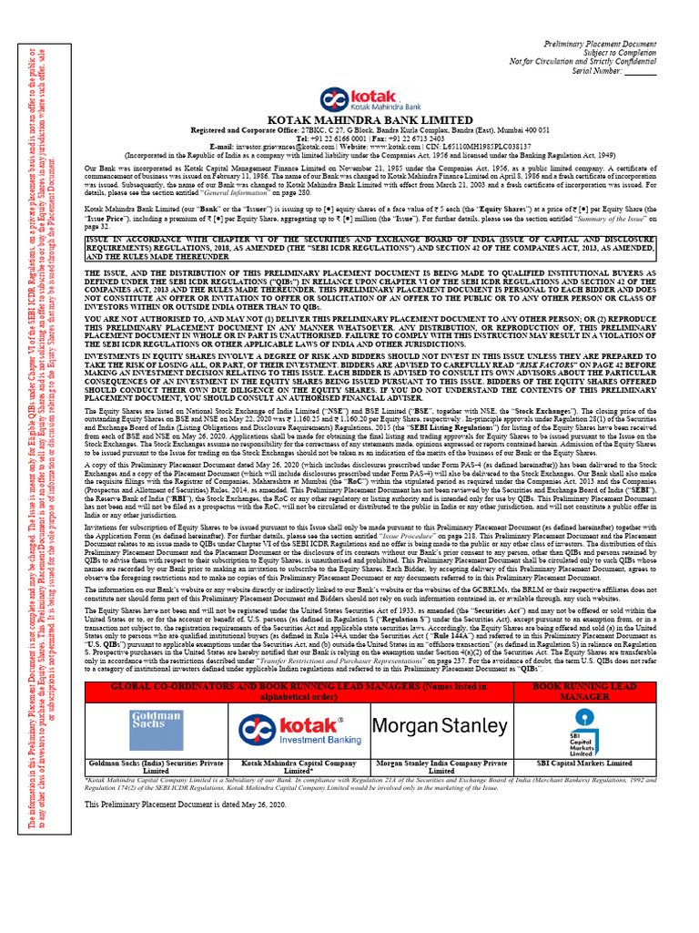 KMBL Preliminary Placement Document 26may2020 | PDF | Securities ...