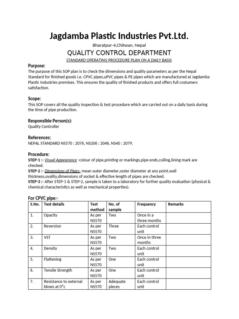 Jagdamba Plastic Industries PVT - SOP | PDF | Pipe (Fluid Conveyance ...