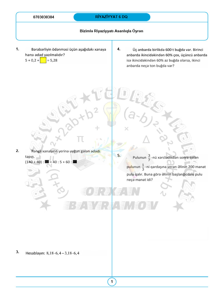 RİYAZİYYAT Sınaq 1 | PDF