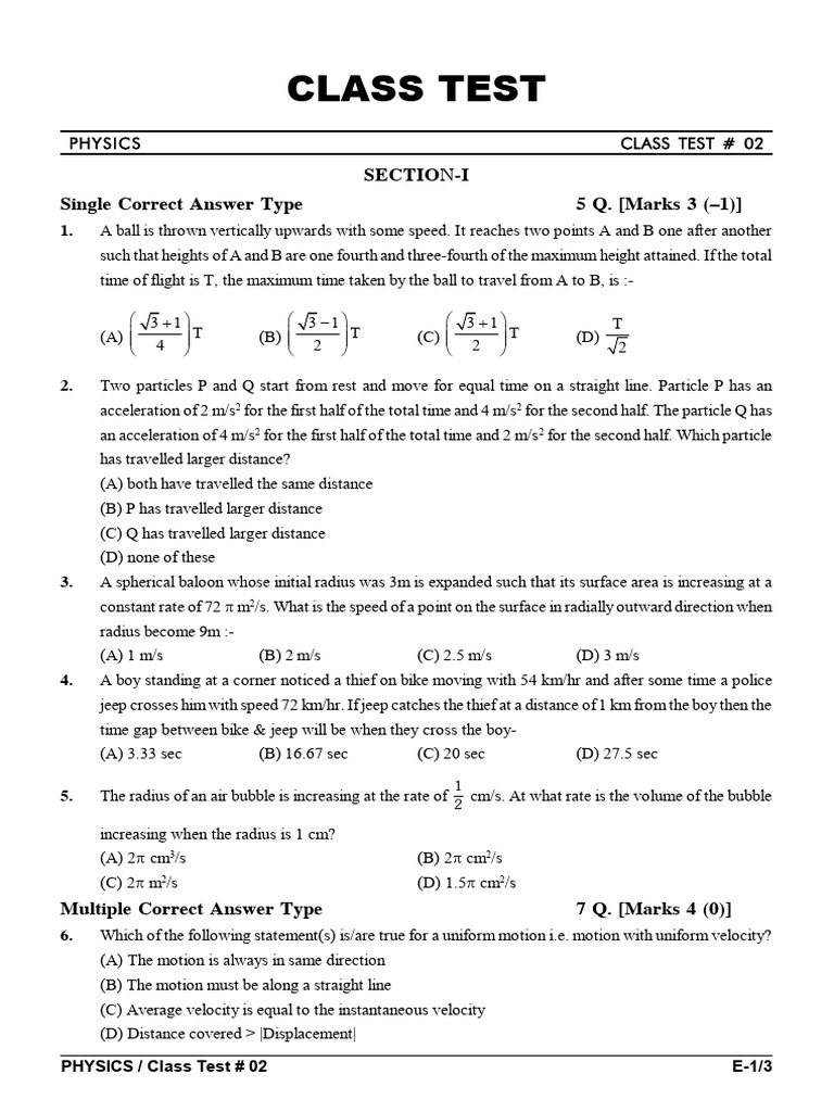 Physics Class Test #02 Summary | PDF | Velocity | Acceleration