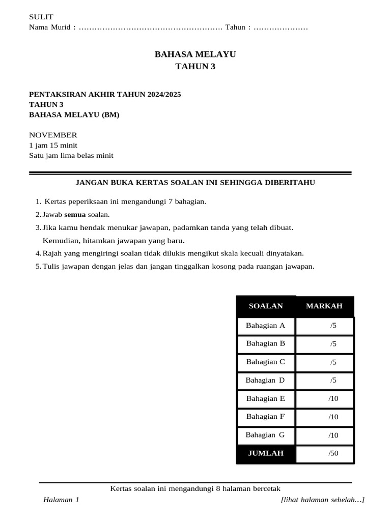 Uasa BM THN 3 Set 2024 | PDF