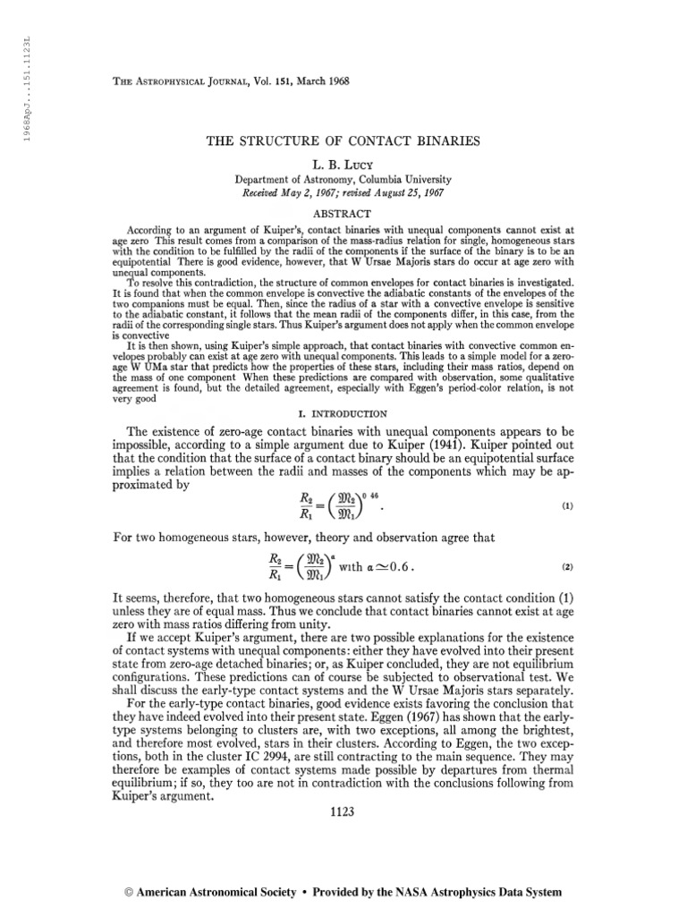THE STRUCTURE OF CONTACT BINARIES L. B. Lucy | PDF | Stars | Astronomical Objects