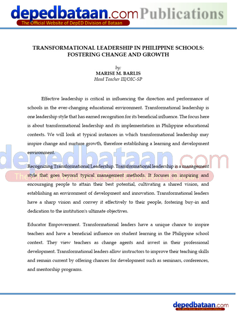Transformational Leadership in Philippine Schools Fostering Change and Growth | PDF | Leadership ...