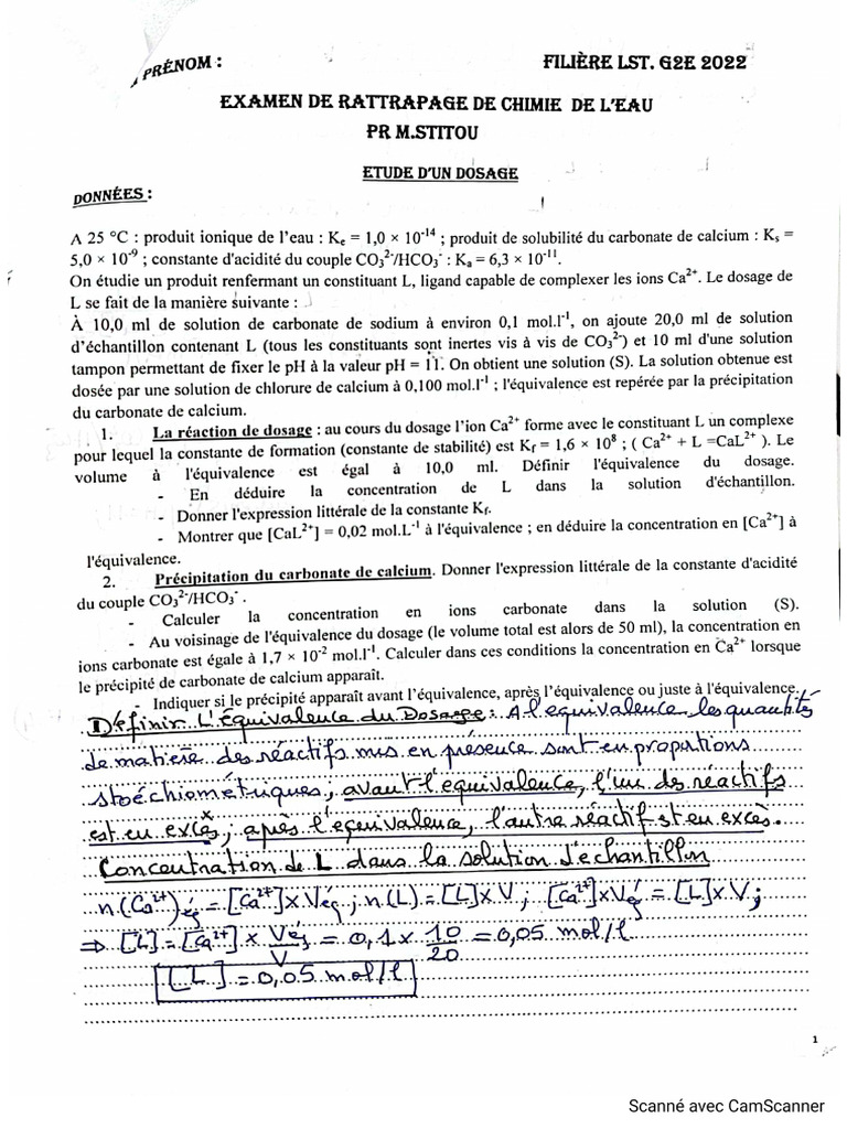 Examen de Rattrapage de Chimie de L - Eau | PDF