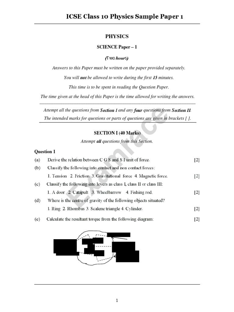 Icse Class 10 Physics Sample Paper 1 Pdf Volume