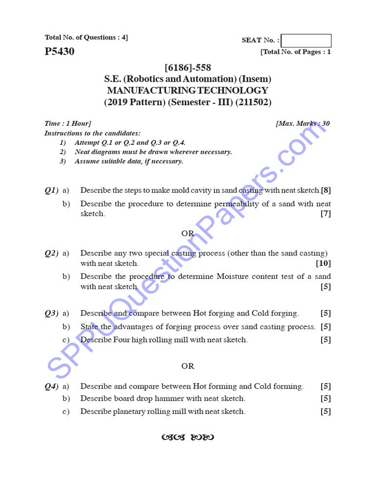 Be - Robotics and Automation - Semester 3 - 2023 - October - Manufacturing Technology MT Pattern ...