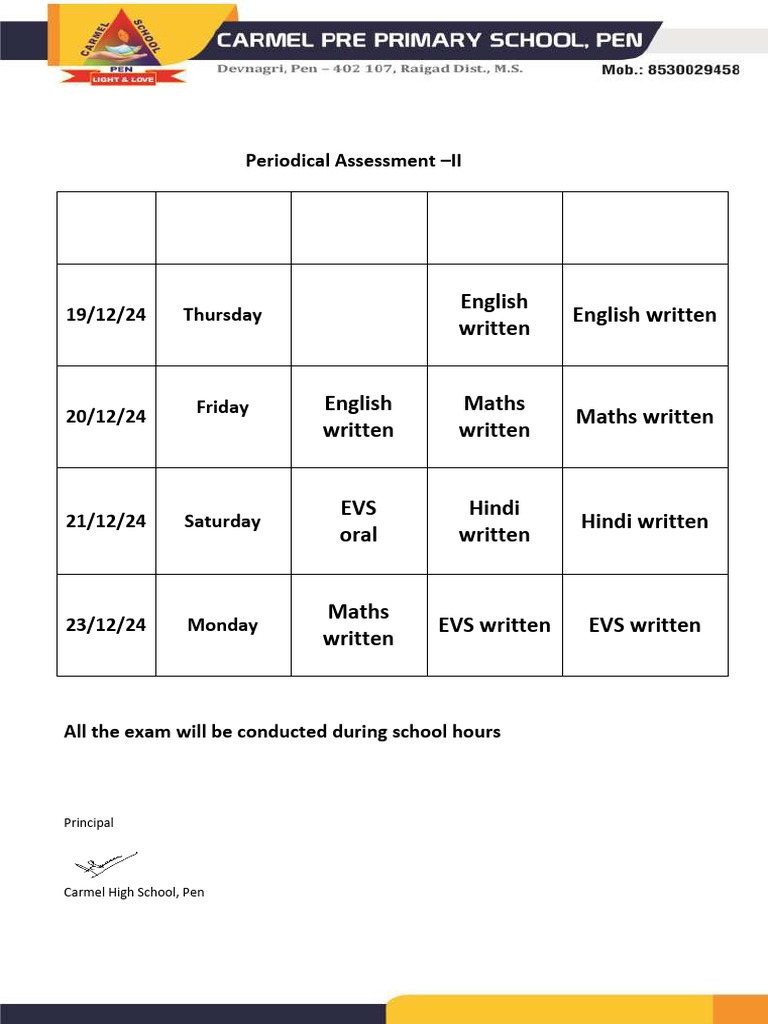 Pre Primary Exam Timetable 2024-25 | PDF