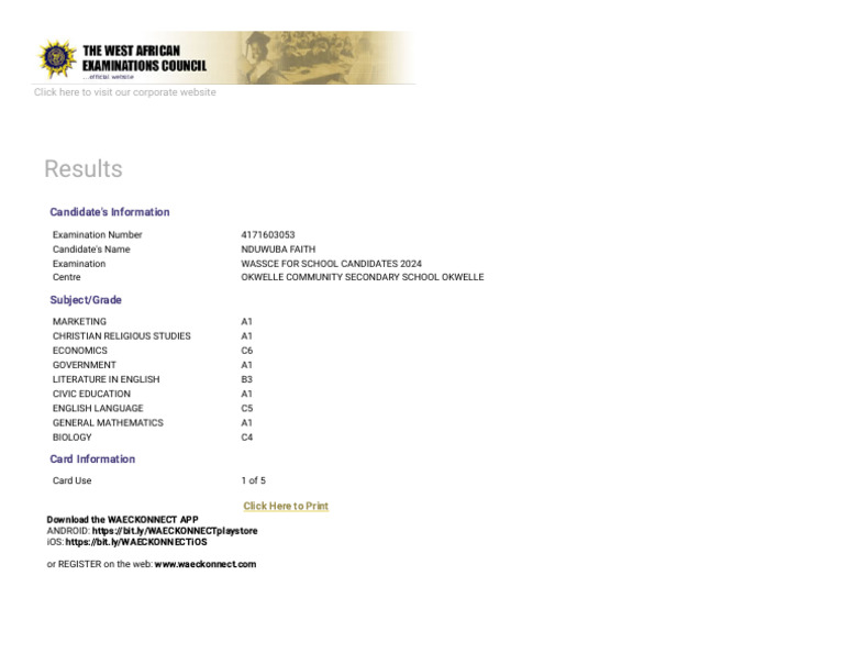 Waecdirect Online - Results | PDF