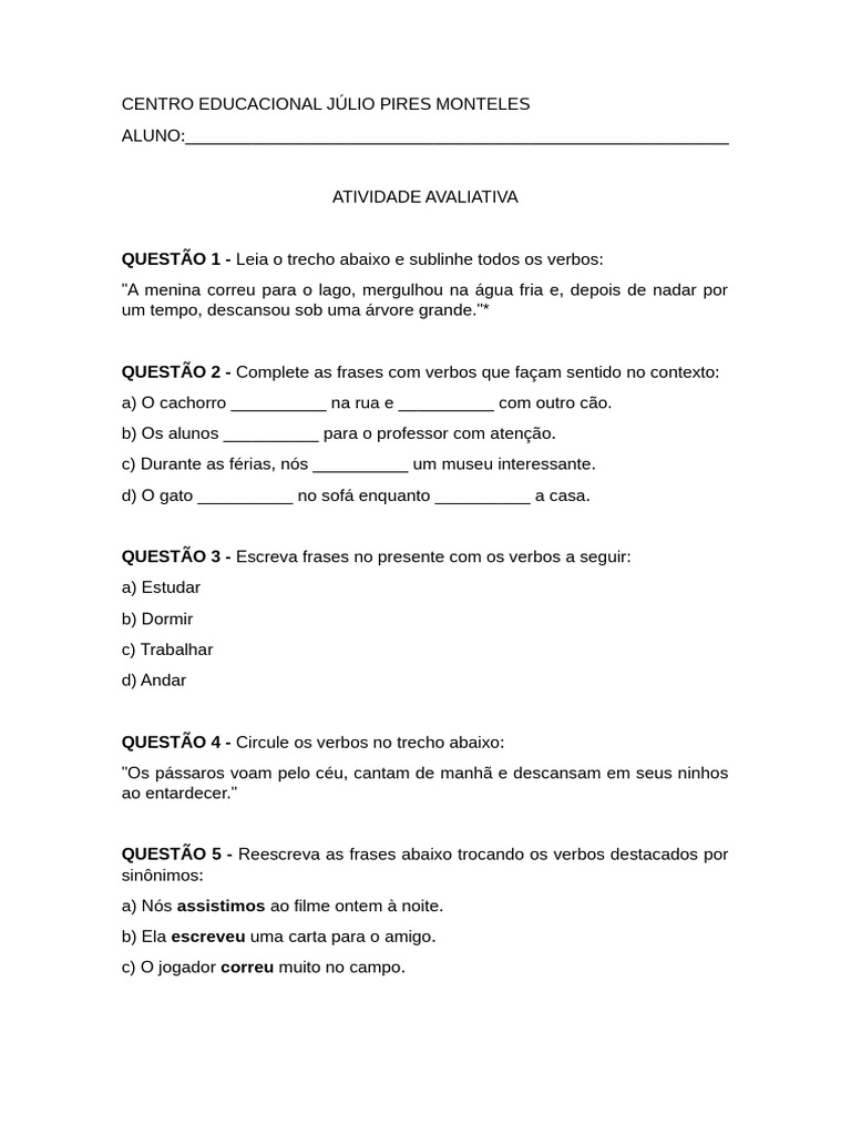 Atividade Avaliativa de Verbos em Português | PDF