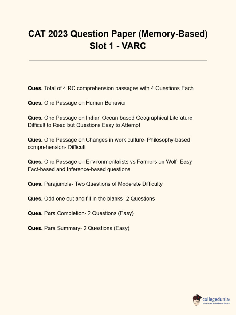 CAT 2023 Slot 1 VARC Question Paper | PDF | Science & Mathematics
