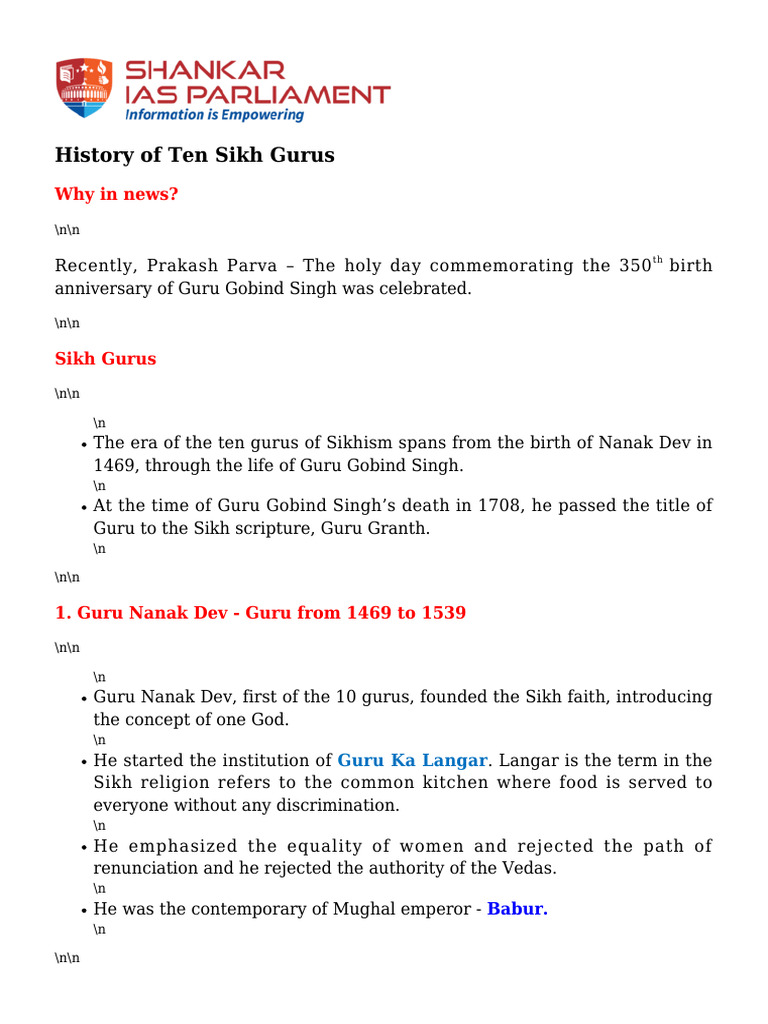 History of Ten Sikh Gurus | PDF | Guru Granth Sahib | Guru Nanak