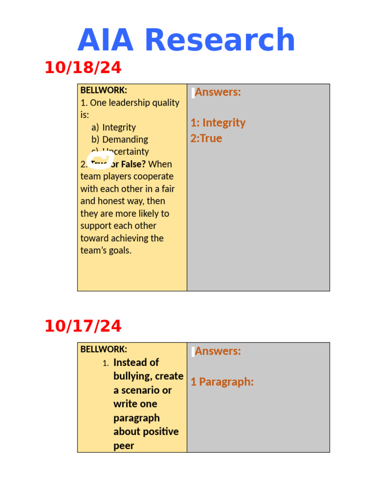 AIA Research: Answers: 1: Integrity 2:true | PDF | Goal Setting | Cognition