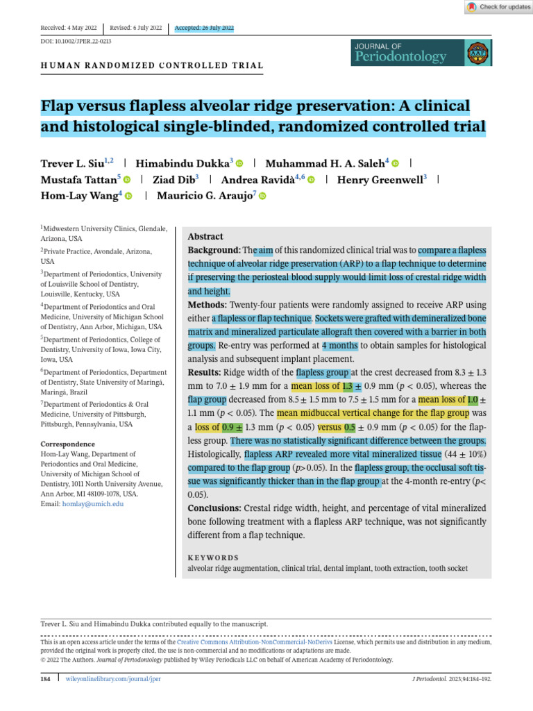 Flap Versus Flapless Alveolar Ridge Preservation | PDF | Periodontology ...