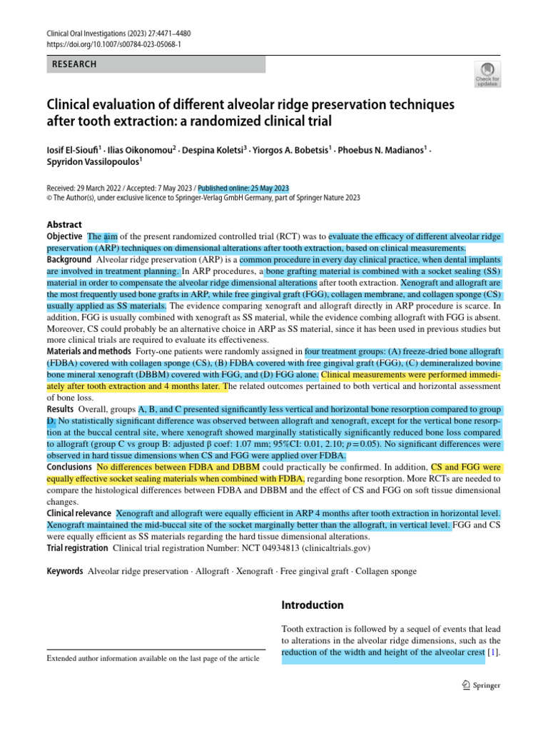 Clinical Evaluation of Diferent Alveolar Ridge Preservation Techniques | PDF | Dental Implant ...