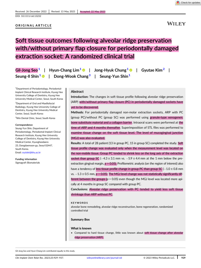 Soft Tissue Outcomes Following Alveolar Ridge Preservation With Without ...