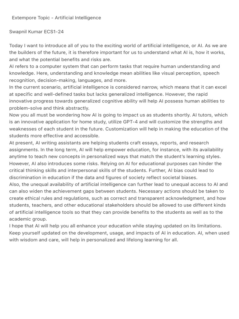 Extempore Topic - Artificial Intelligence | PDF | Intelligence (AI ...
