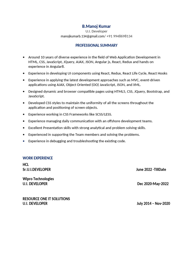 Manoj Kumar Bonkoori CV | PDF | Angular Js | Ajax (Programming)