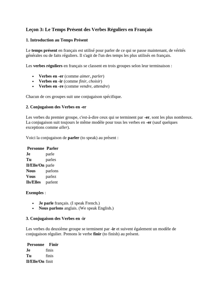Conjugaison des Verbes au Présent | PDF | Verbe | Conjugaison