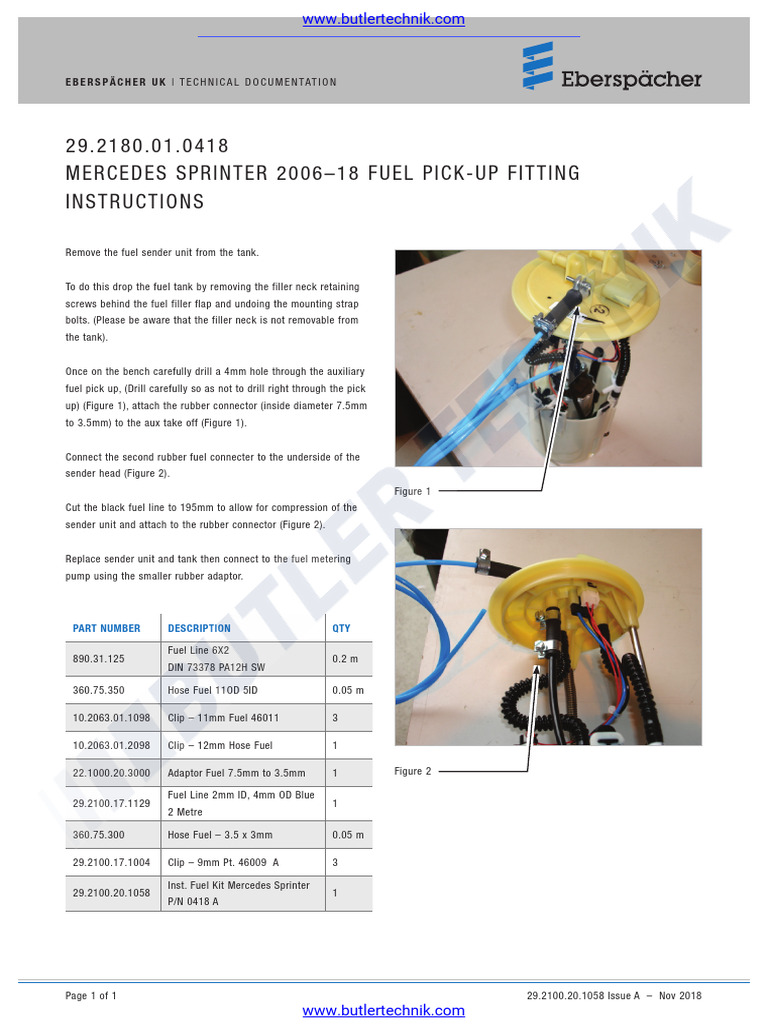 Eberspacher Espar Heater Fuel Pickup Kit Instructions Mercedes Sprinter ...